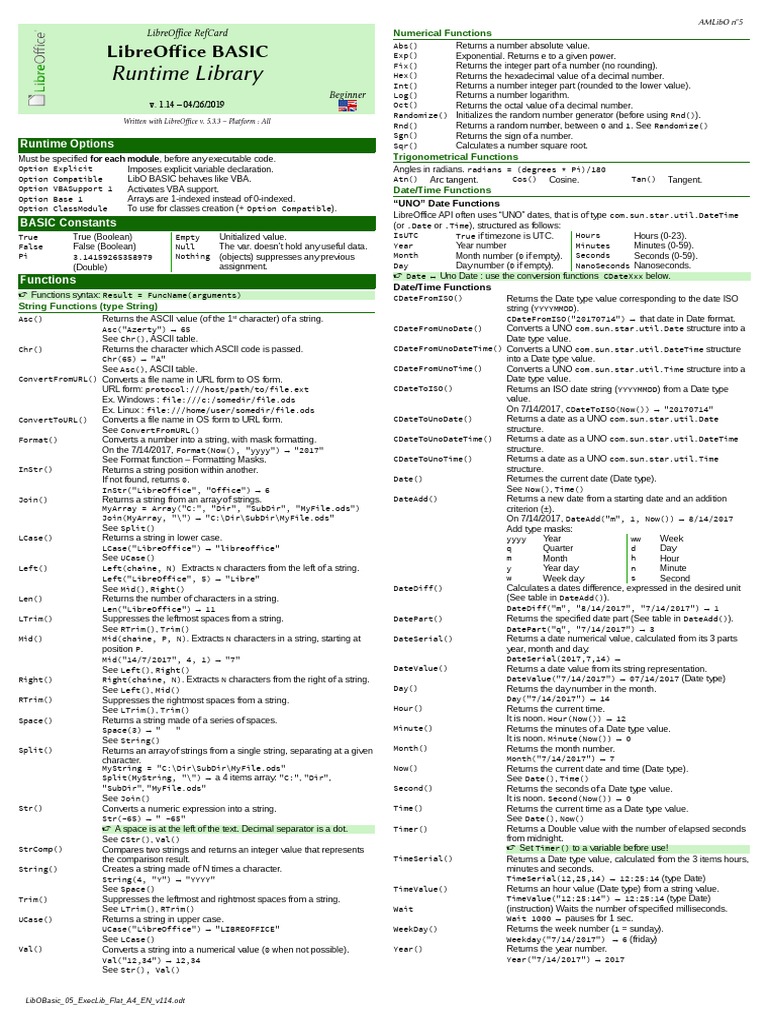 LibOBasic Runtime Library Cheet Sheet | PDF | Trigonometric Functions | Variable (Computer Science)
