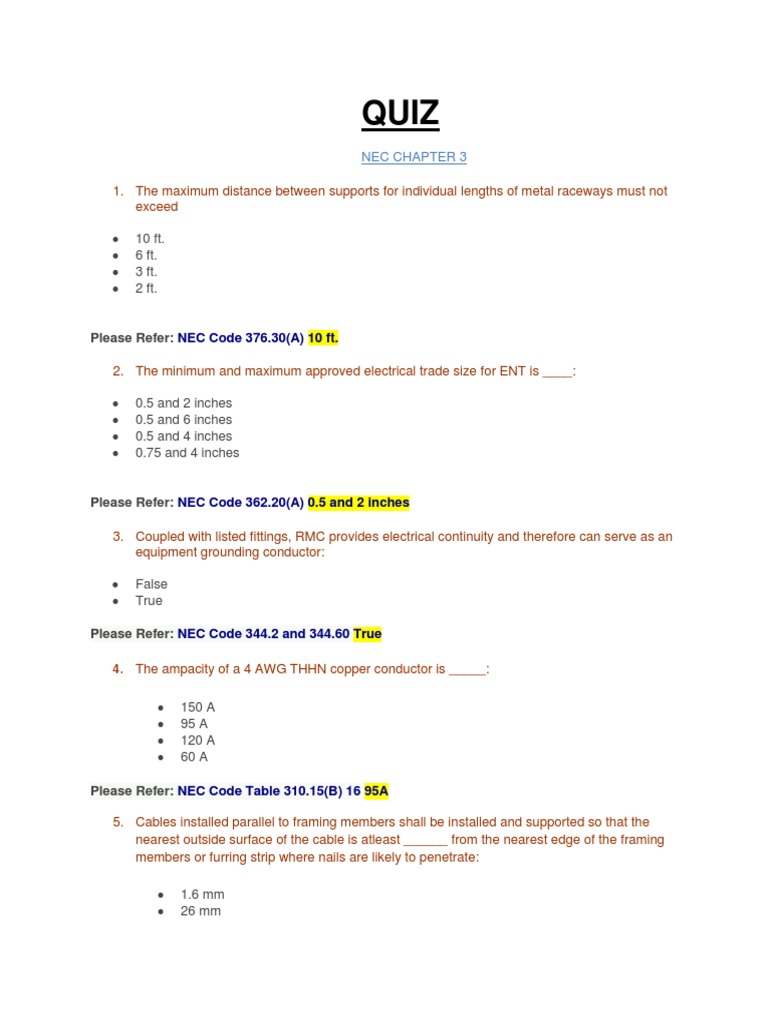 NEC CHAPTER 3 QUIZ With Answers | PDF | Electrical Wiring | Electromagnetism