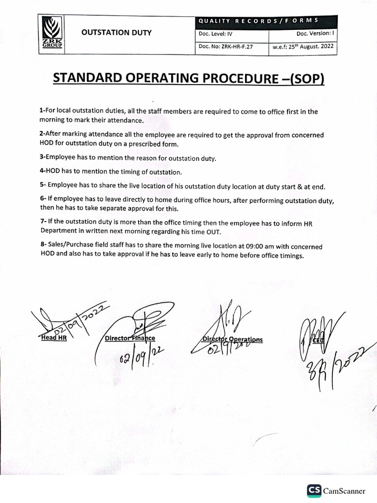 SOP For Outstation Duty | PDF