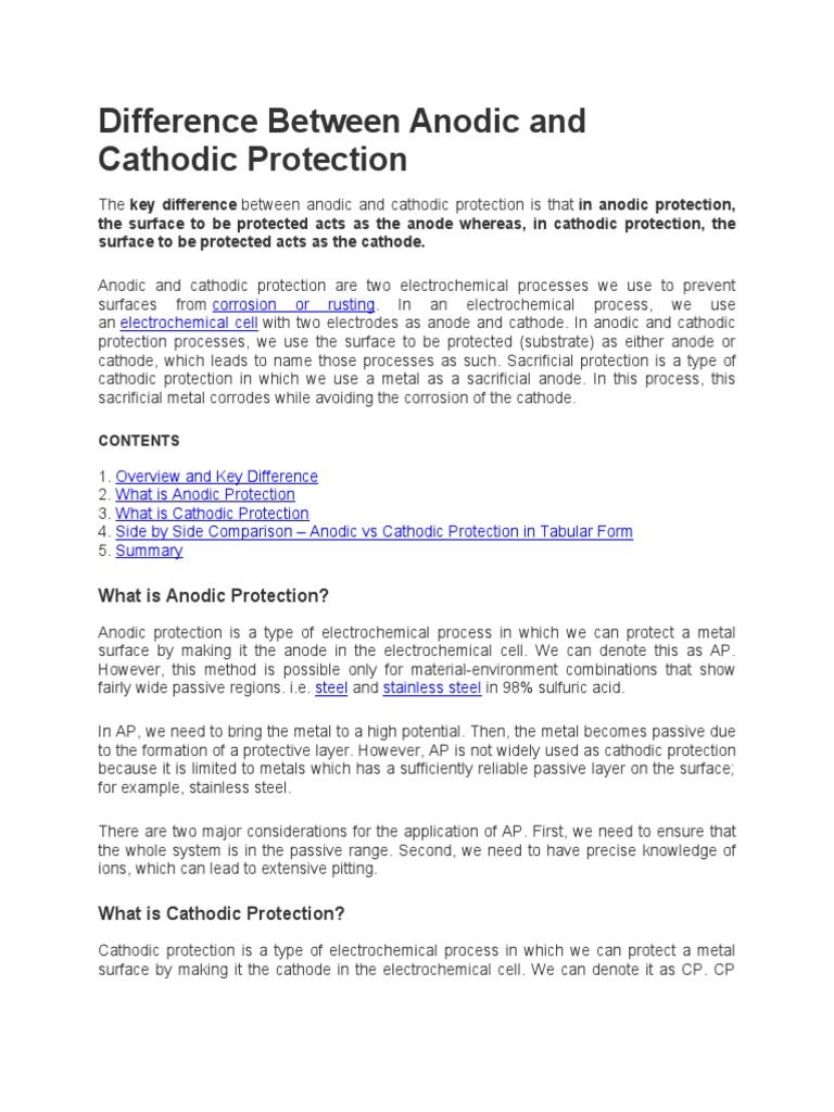 Difference Between Anodic and Cathodic Protection | PDF | Anode | Corrosion