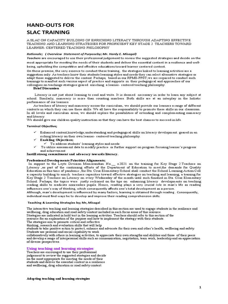 Handouts For Slac Learner Centered-Day1 | PDF | Teaching Method | Learning
