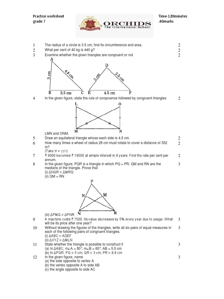 Grade 7 Practice Worksheet 1 | PDF | Triangle | Area