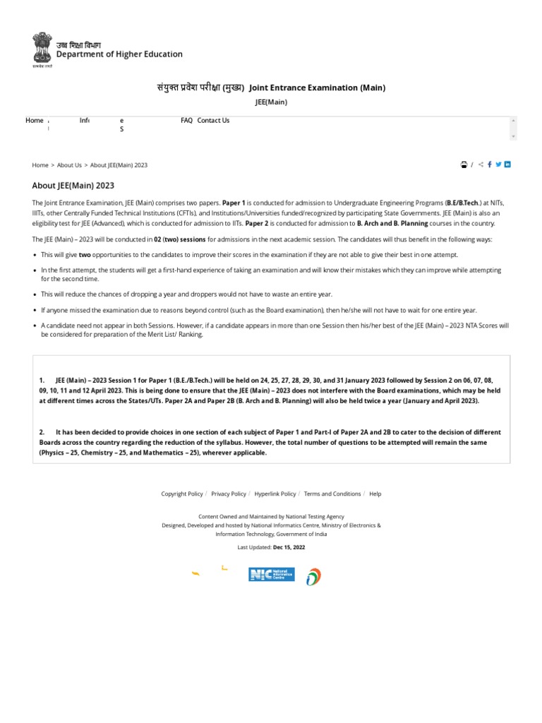 About JEE (Main) 2023 - Joint Entrance Examination (Main) - India | PDF ...