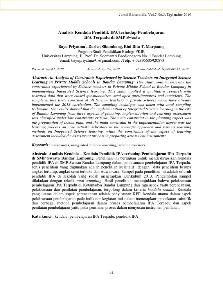Analysis of Constraints Experienced by Science Teachers in Implementing ...
