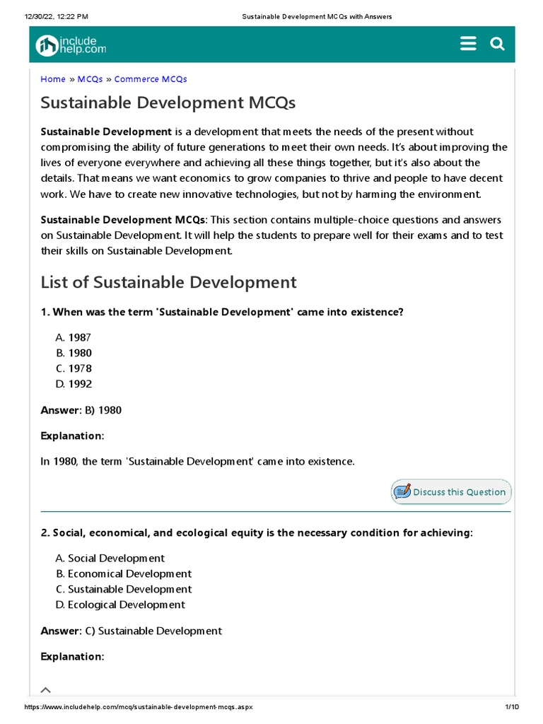 Sustainable Development MCQs With Answers | PDF | Sustainability | Sustainable Development