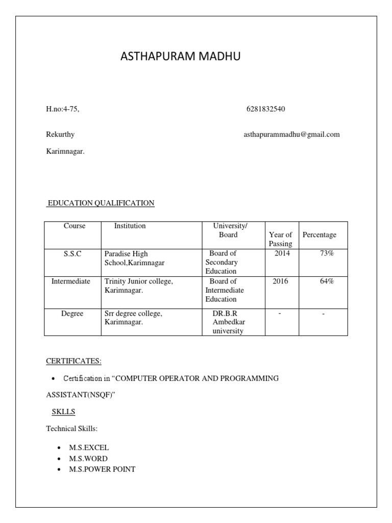 Resume of Asthapuram Madhu | PDF