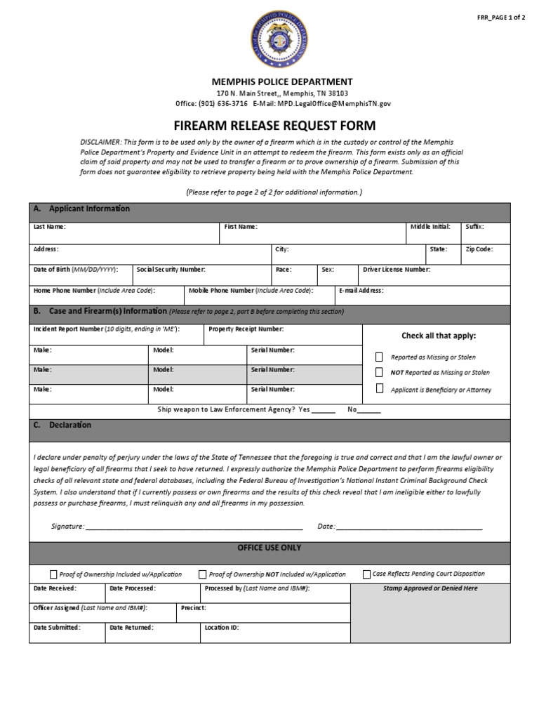 Firearm Release Application Form | PDF | Identity Document | Government