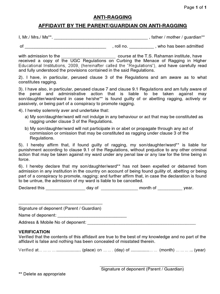 Anti Ragging Affidavit by Parent or Guardian | PDF | Affidavit | Crimes