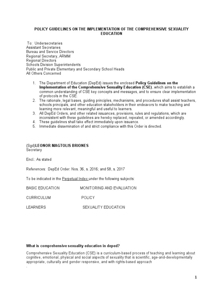 Cse Guidelines Policy Deped Pdf Sex Education Human Sexuality