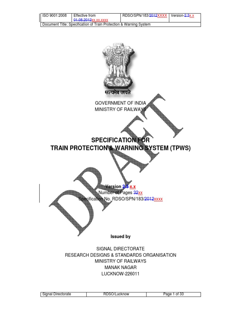 Revised Draft Specification of TPWS RDSO-SPN-183-Yyyy Ver-2.3-D1. | PDF ...