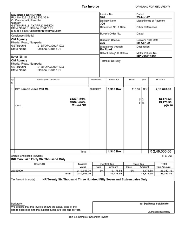 Inv No-326 OM Agency | Download Free PDF | Payments | Government Finances
