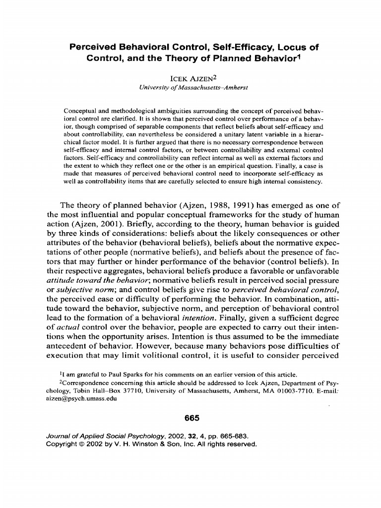 Perceived Behavioral Control Self Effica | PDF | Self Efficacy ...