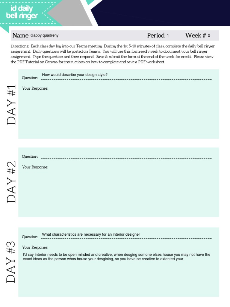 ID Bell Ringer Worksheet (Week 2) | PDF