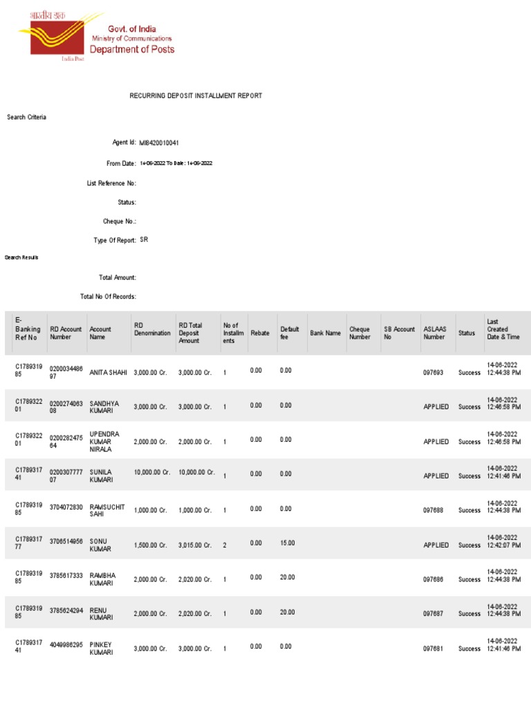 Recurring Deposit Installment Report Summarizing Account Details, Installment Amounts, and ...
