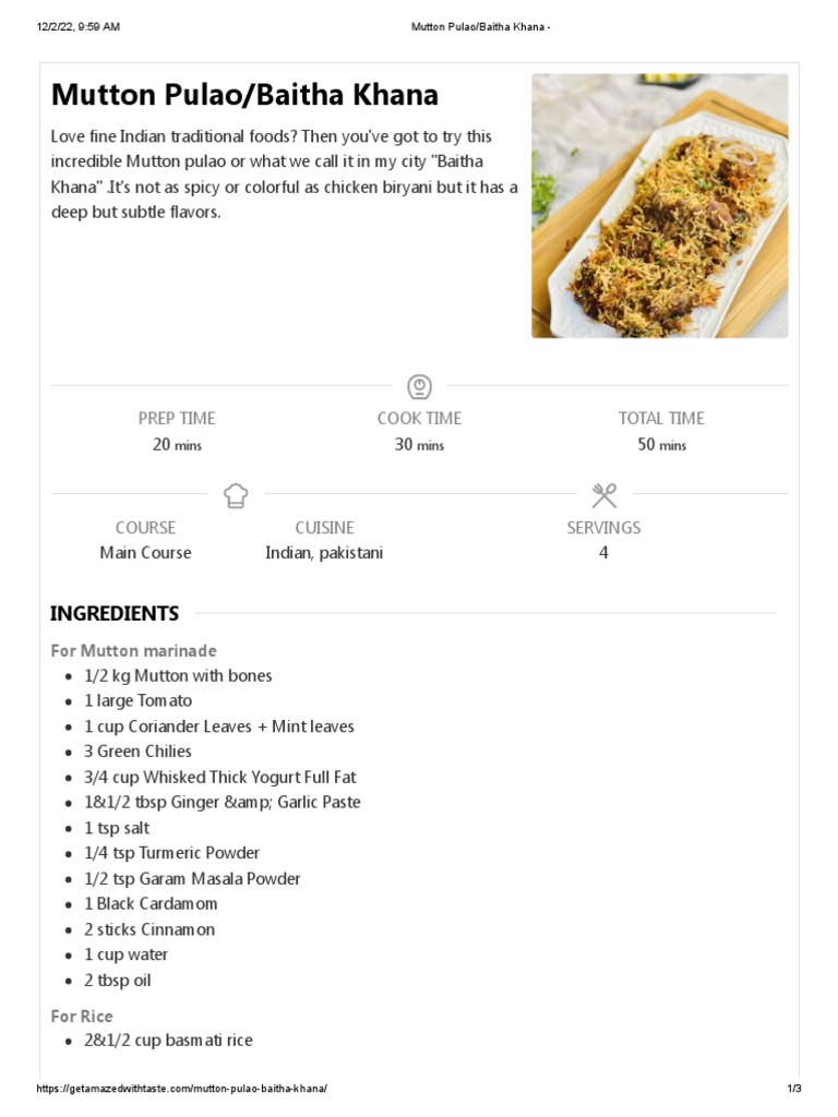 Mutton Pulao - Baitha Khana | Download Free PDF | Foods | Cuisine