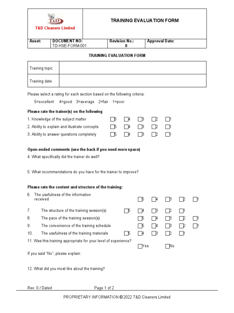 TD-HSE-FORM-001 Training Evaluation Form | PDF