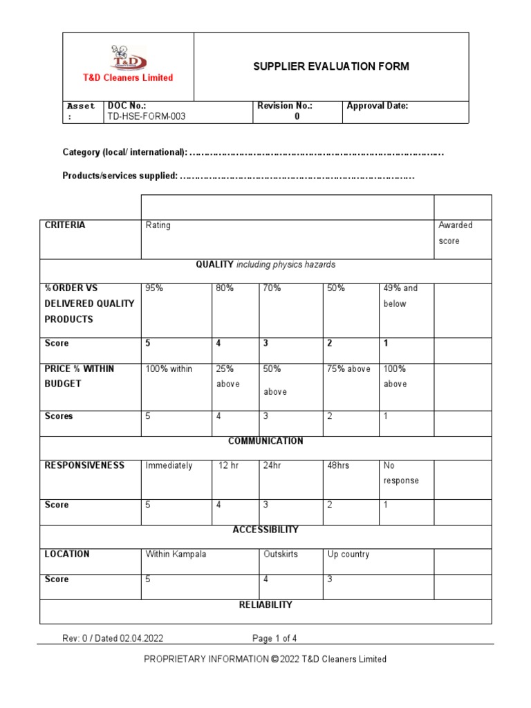 TD-HSE-FORM-003 Supplier Evaluation Form | PDF | Government | Economies