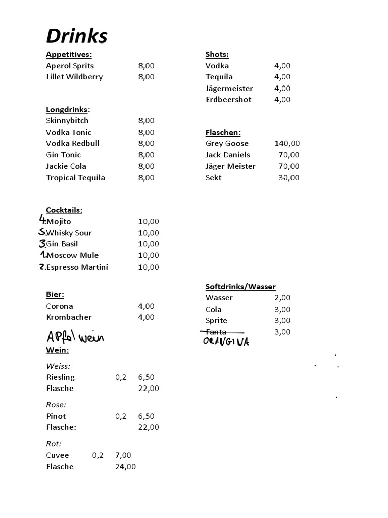 Getränke Menü und Preise | PDF