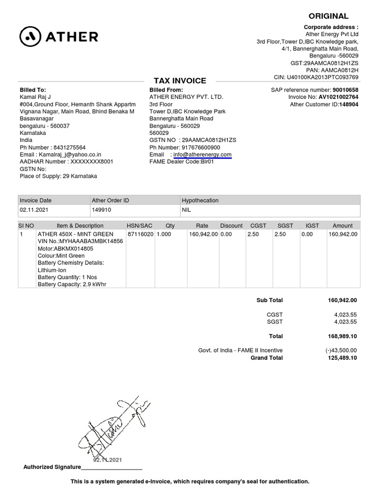 Ather Tax Invoice EV | Download Free PDF | Electric Power | Taxes