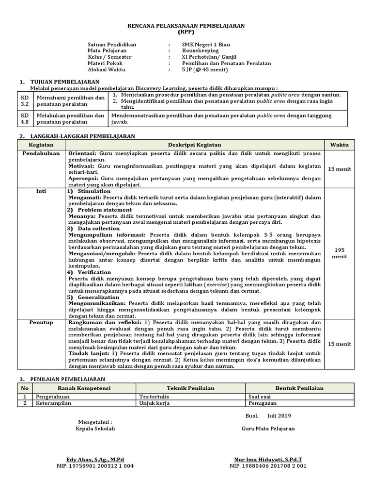 RPP Housekeeping Kelas 11 Sem 1 | PDF