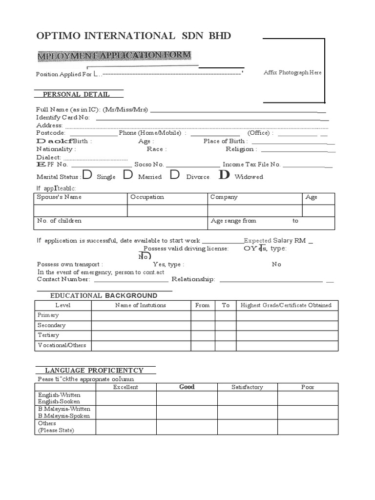 Optimo International SDN BHD: Personal Detail | PDF | Application ...