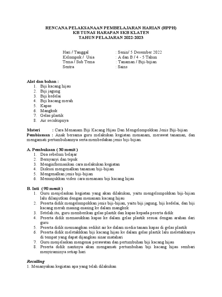 RPP PAUD Subtema Biji-Bijian | PDF