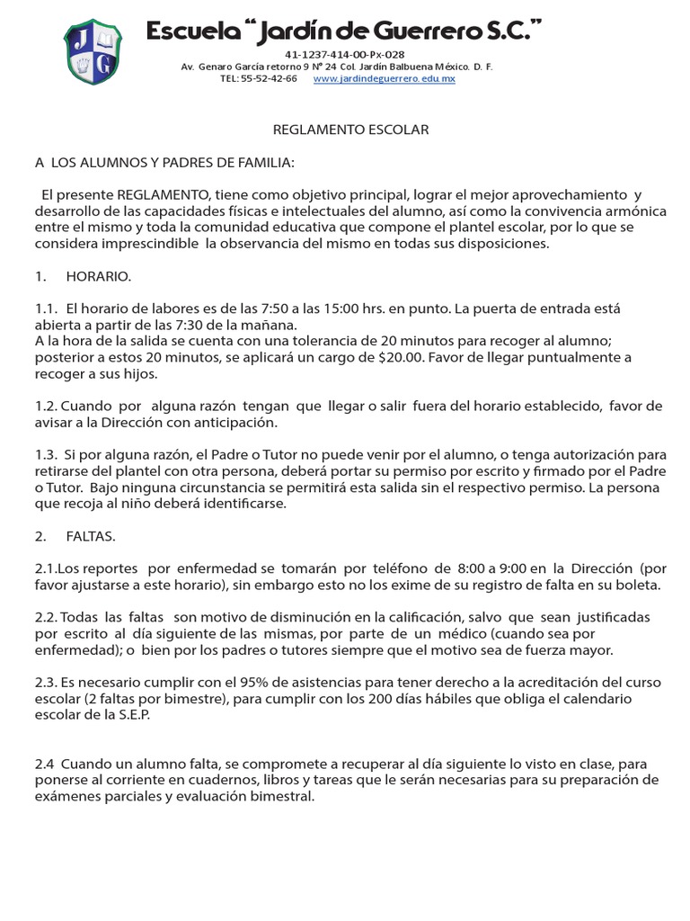 Reglamento Escolar 2025 - Jardín de Guerrero | PDF