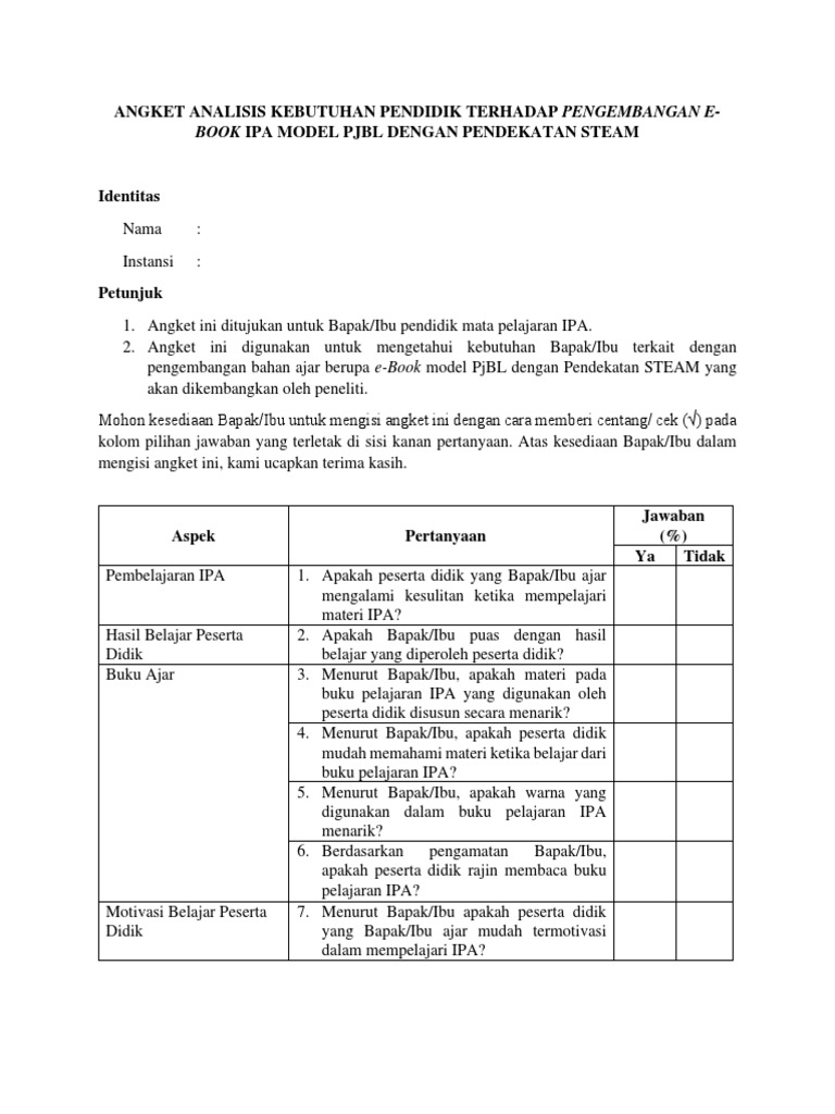 Angket Analisis Kebutuhan Guru | PDF
