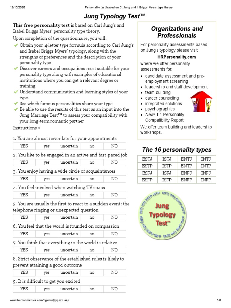 Personality Test Based On C. Jung and I. Briggs Myers Type Theory | PDF ...