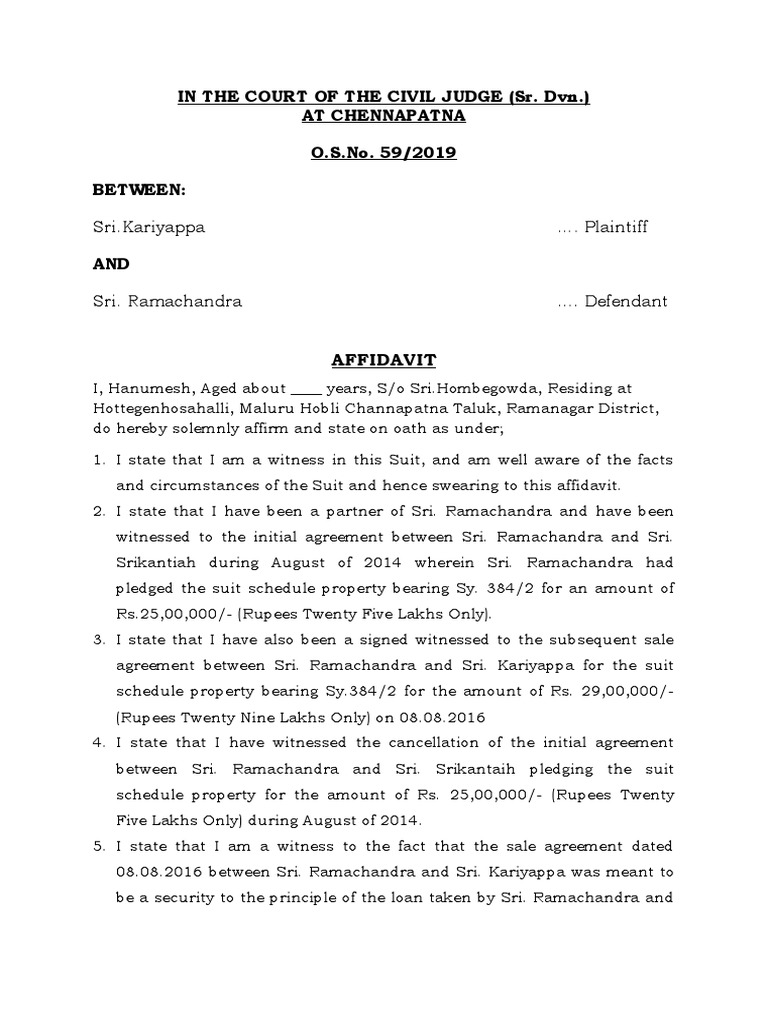 Affidavit of Witness Hanumesh Regarding Initial Agreement and Sale Agreement Pertaining to Suit ...