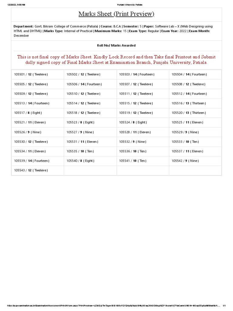 Punjabi University Patiala Marks Sheet | PDF | Computing | Software