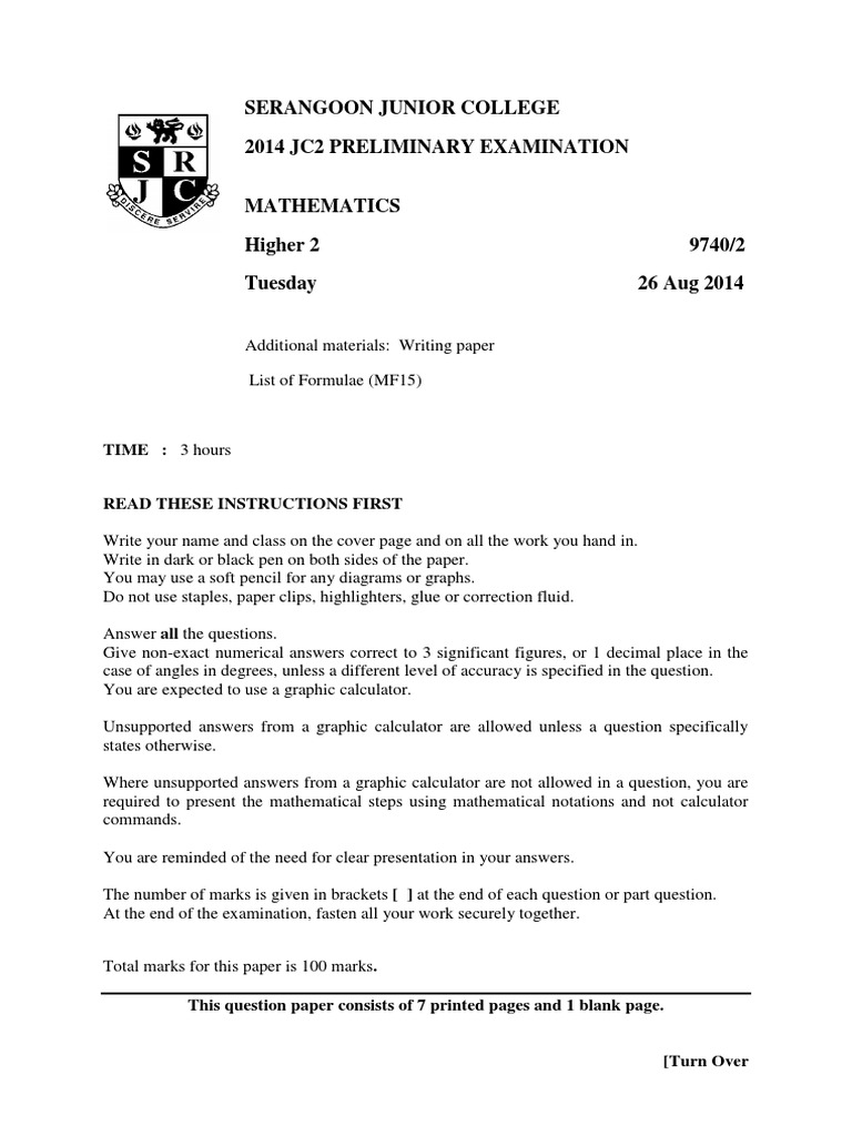 SRJC H2 MATHS P2 Soln | PDF | Poisson Distribution | Teaching Mathematics