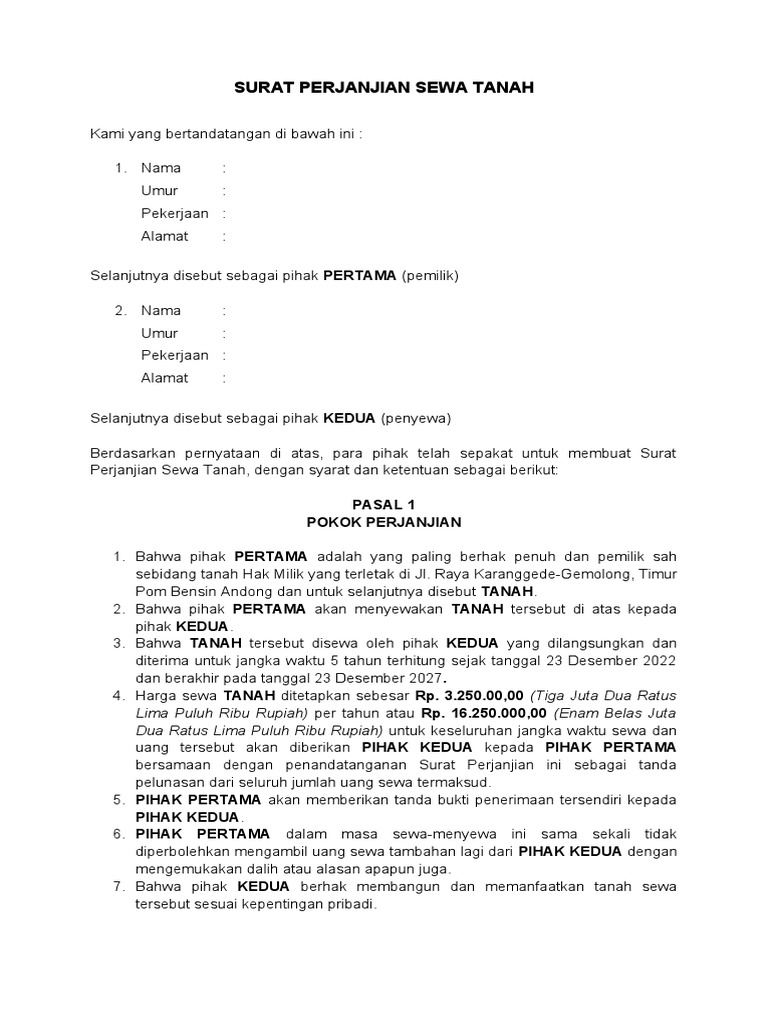 Surat Perjanjian Sewa Tanah | PDF