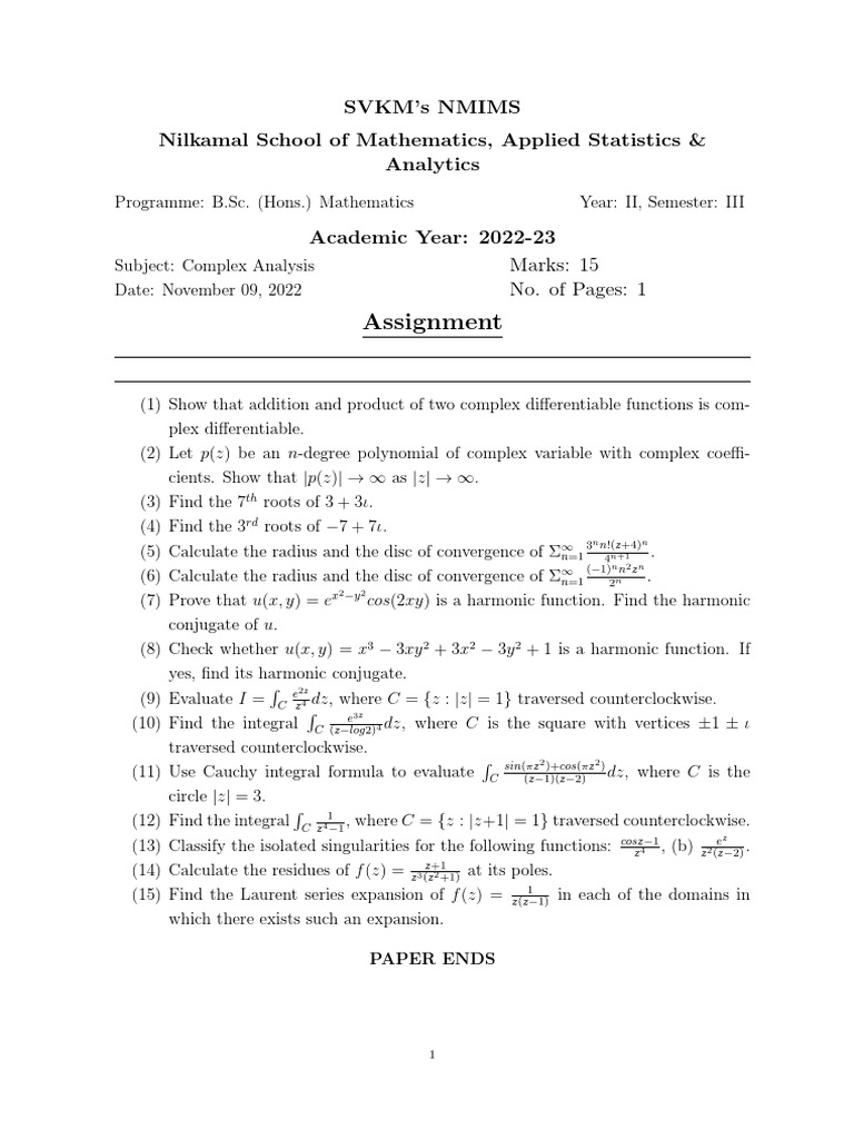 Assignment (Complex Analysis) | PDF | Complex Analysis | Holomorphic Function