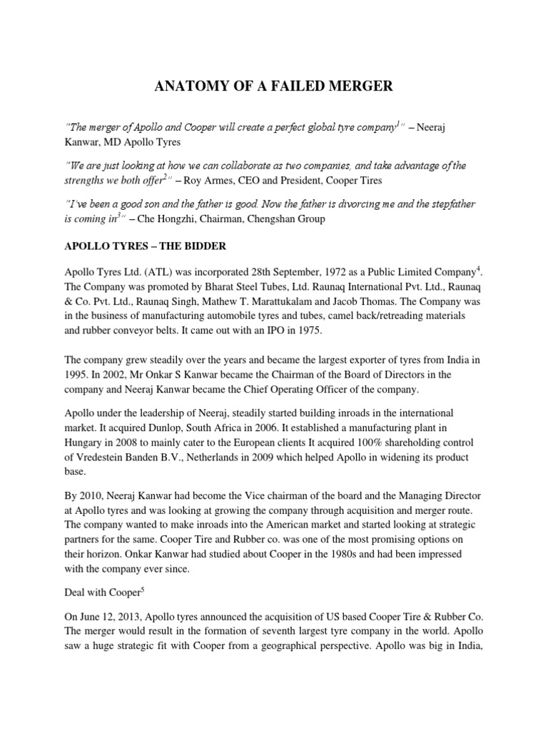 Anatomy of A Failed Deal - Apollo Cooper Merger - Case | PDF | Tire ...