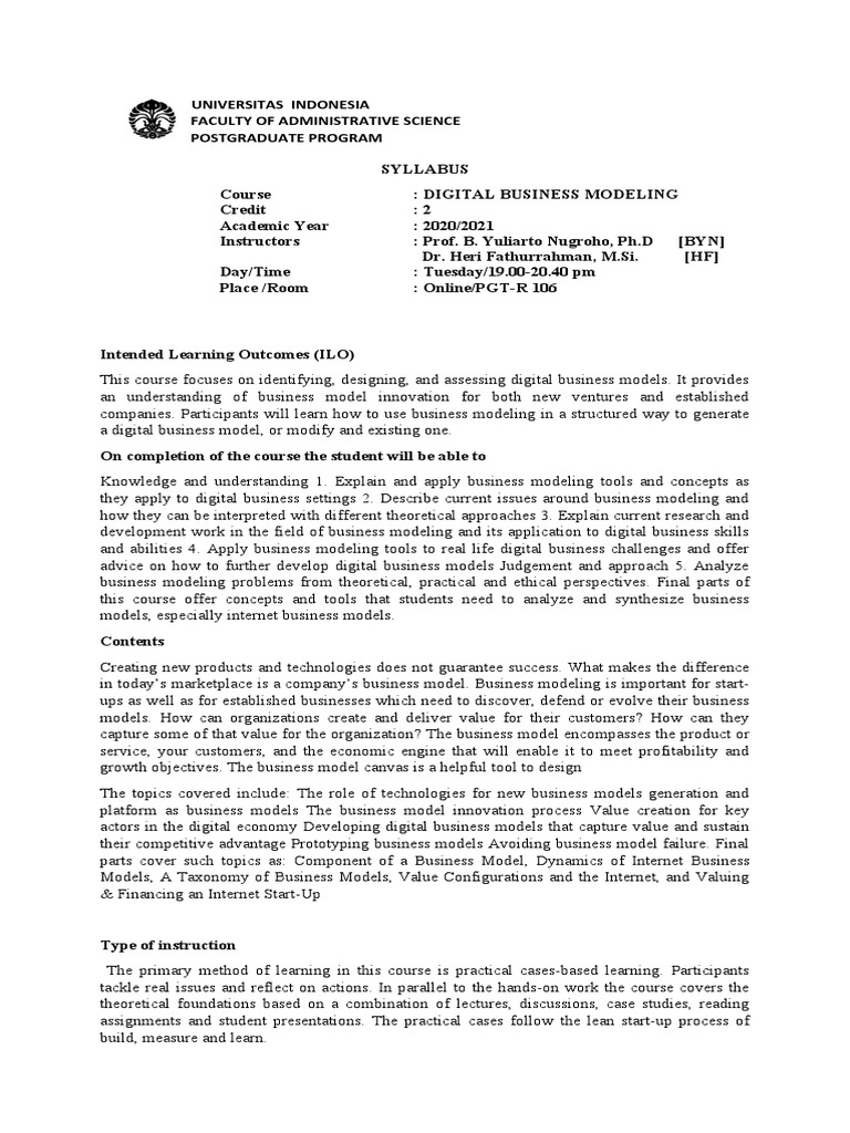 Syllabus of Digital Business Modeling-2022 | PDF | Business Model ...