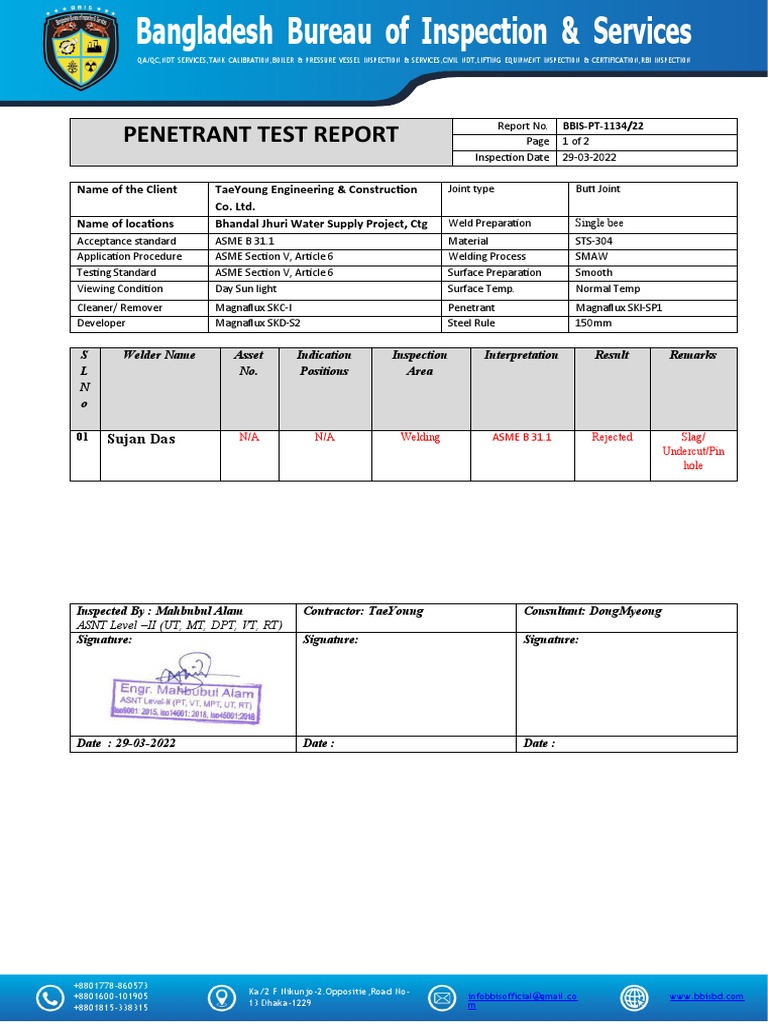 Penetrant Test Report for Welding | PDF | Nondestructive Testing | Welding