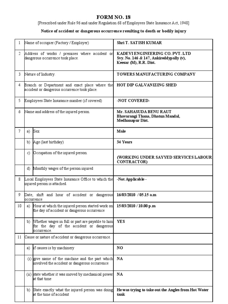 Form 18 Accident Report | Traffic Collision | Employment