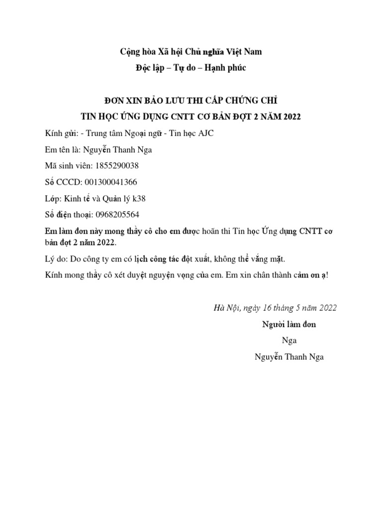 Đơn Xin Bảo Lưu Thi Tin Học Ứng Dụng CNTT Cơ Bản Đợt 2 Năm 2022 - Nguyễn Thanh Nga 1855290038 | PDF
