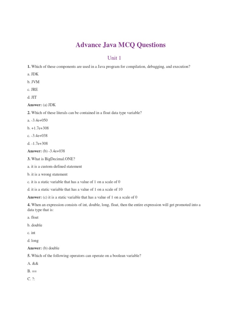 Java Mcq Questions Pdf Method Computer Programming Class