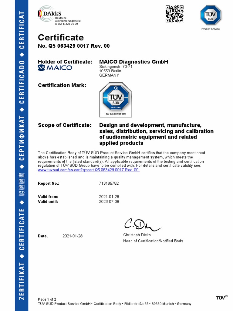 MAICO ISO 13485 Certificate - Valid 2023 | PDF | Quality Management ...