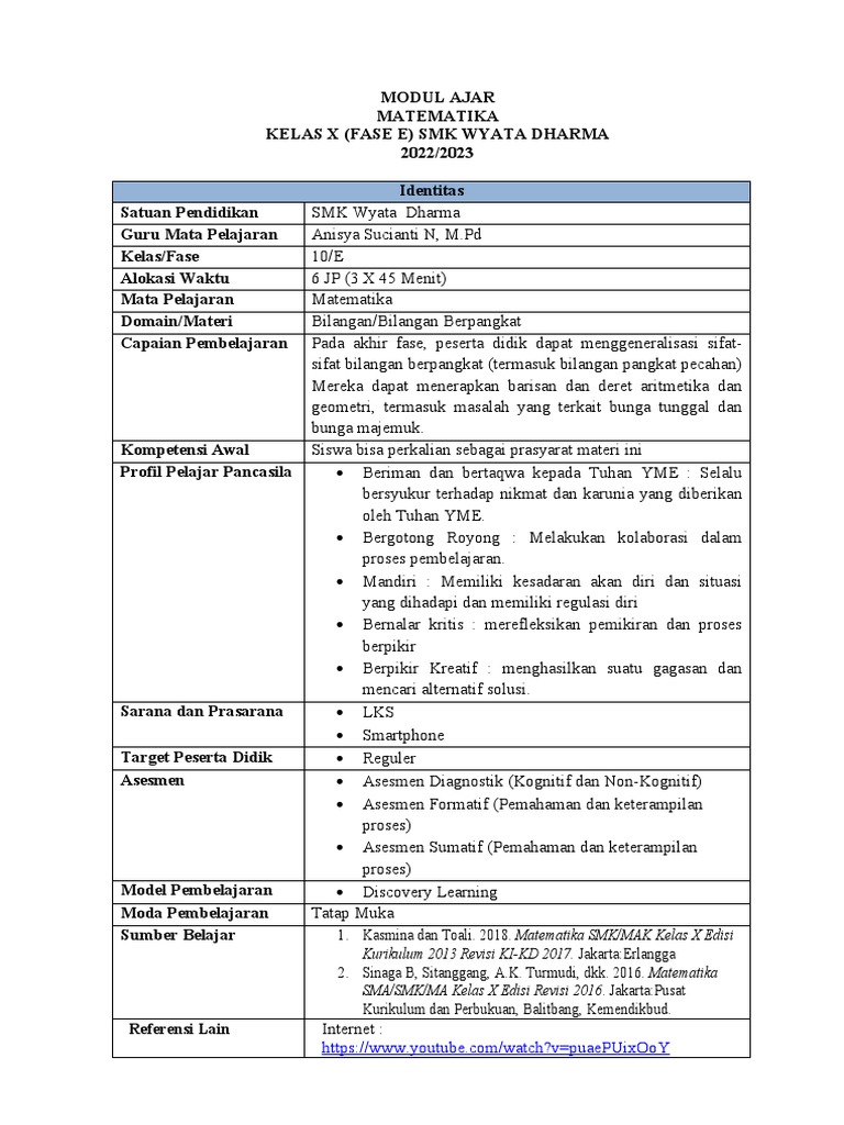 Modul Ajar Matematika - Bilangan Berpangkat - Fase E | PDF