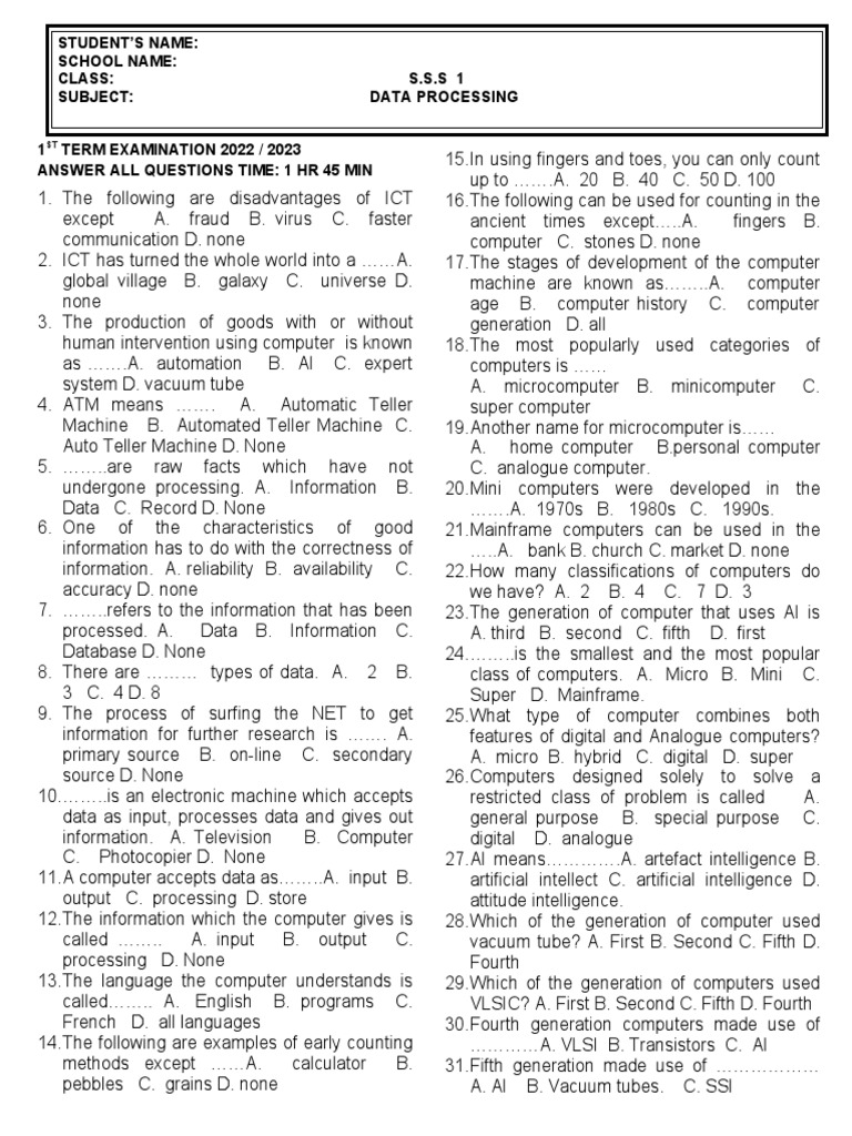 E-Questions Data Processing SS1 | PDF | Information Technology ...