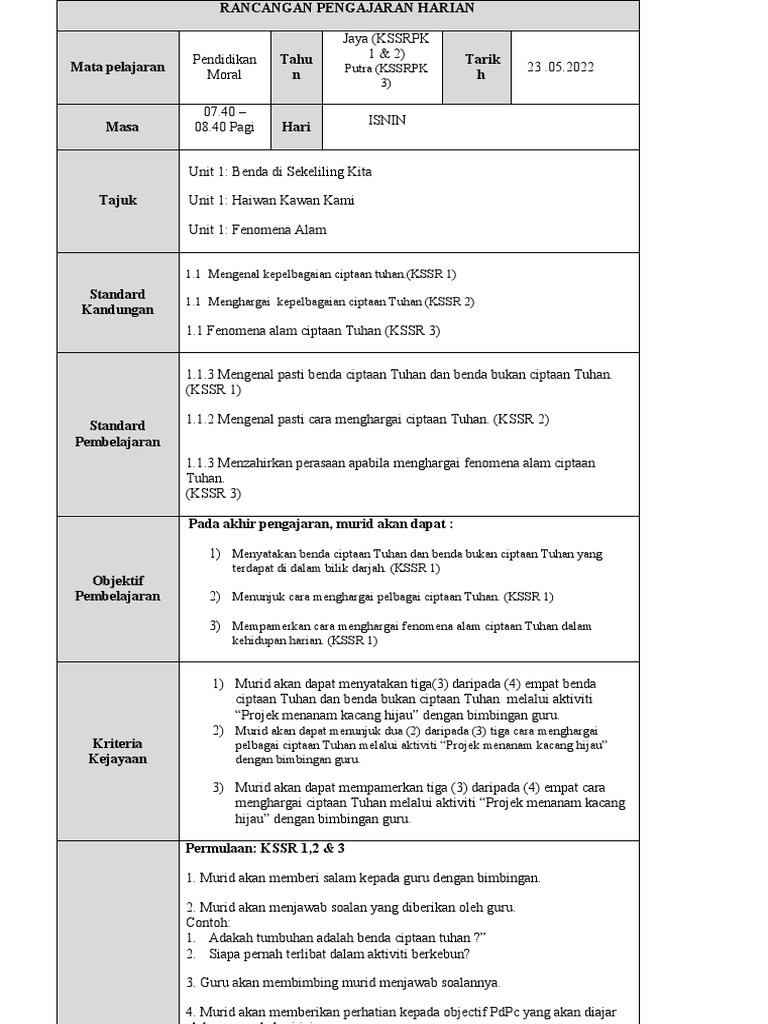PENDIDKAN MORAL Lesson Plan KSSR 1,2 & 3 (23 MAY 2022) | PDF