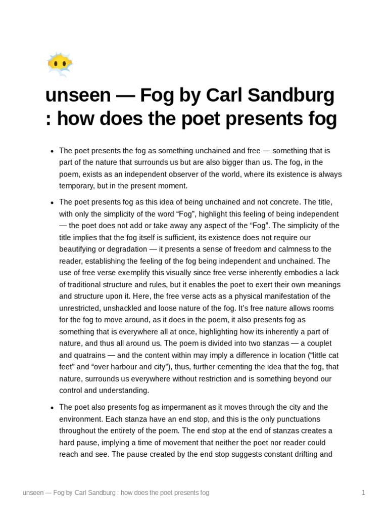 Unseen Fog by Carl Sandburg How Does The Poet Presents Fog | PDF ...