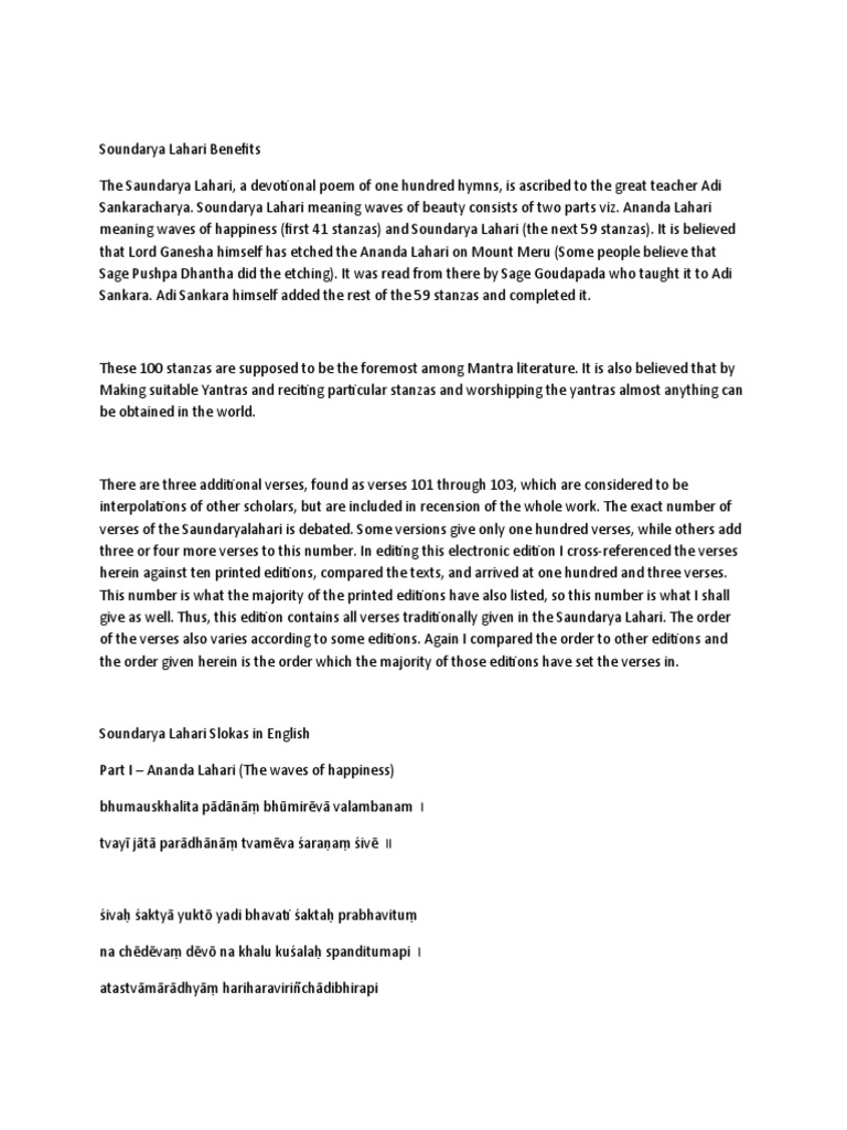 Soundarya Lahari-103 Slokas | PDF | Indian Poetics | Advaita