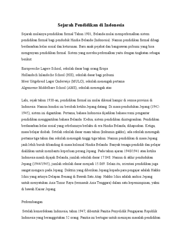 Sejarah Pendidikan Di Indonesia | PDF