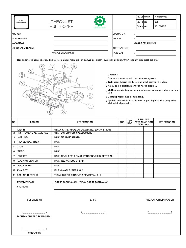 Checklist Inspeksi Bulldozer 2017 | PDF