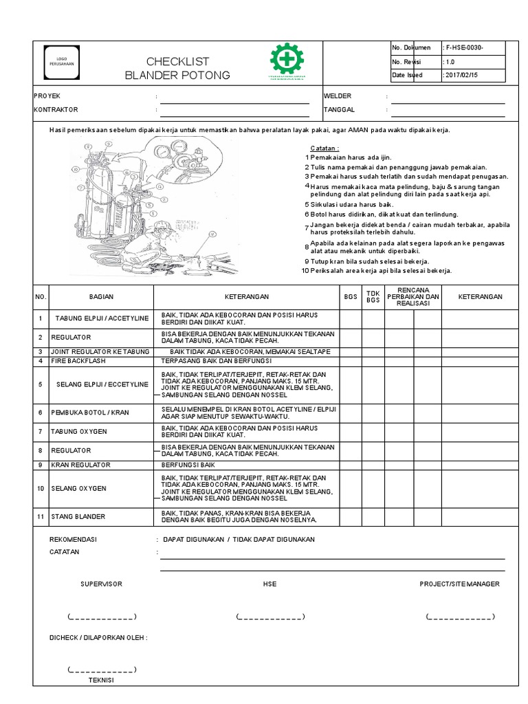 Checklist Inspeksi Blander Potong | PDF