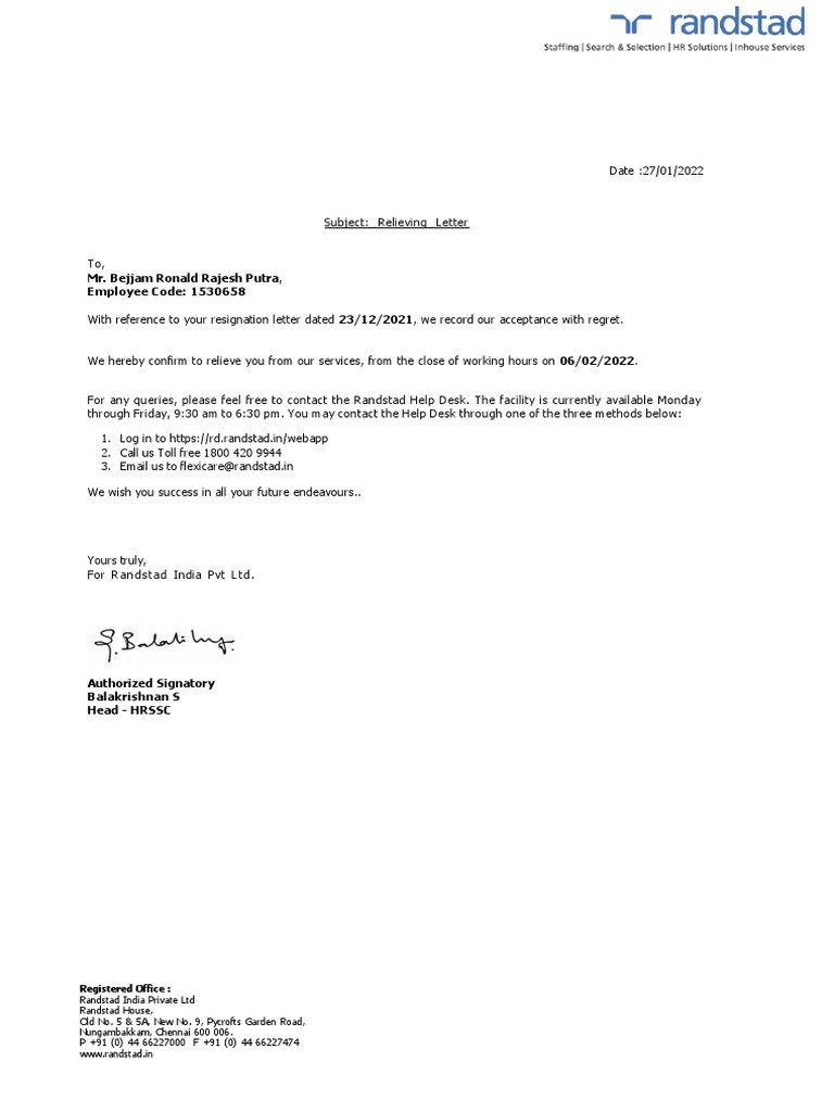 Randstad Relieving Letter for Bejjam Rajesh | PDF
